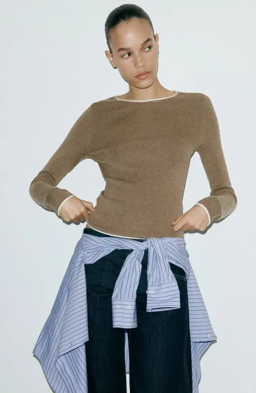 Mango Contrast Trim Crewneck Sweater