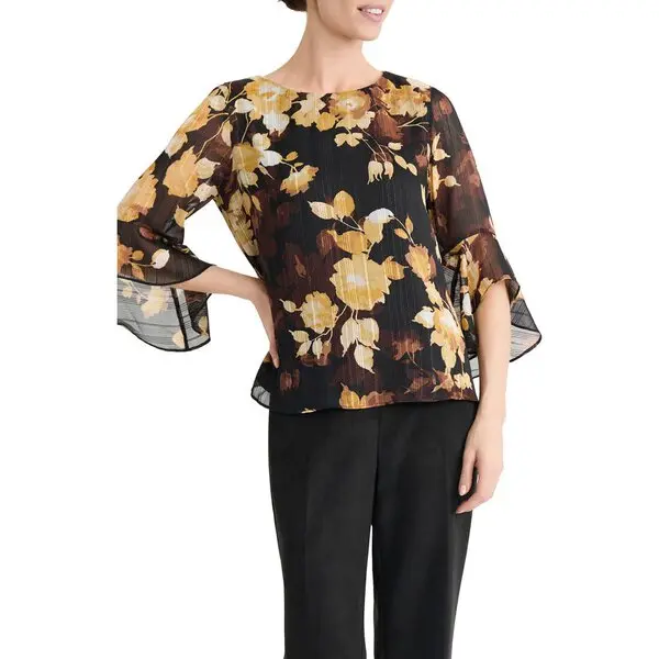 KASPER Ruffle Sleeve Printed Top With Metallic Shimmer