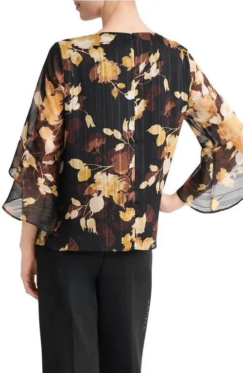 KASPER Ruffle Sleeve Printed Top With Metallic Shimmer