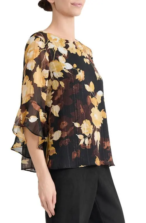 KASPER Ruffle Sleeve Printed Top With Metallic Shimmer