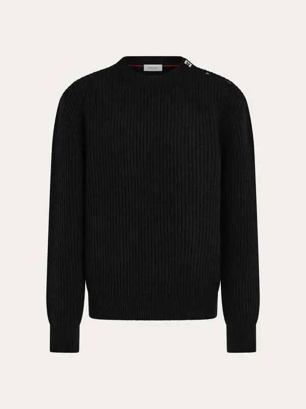 FERRAGAMO Rib Knit Crew Neck Sweater With Hug Buckle Detail - Black