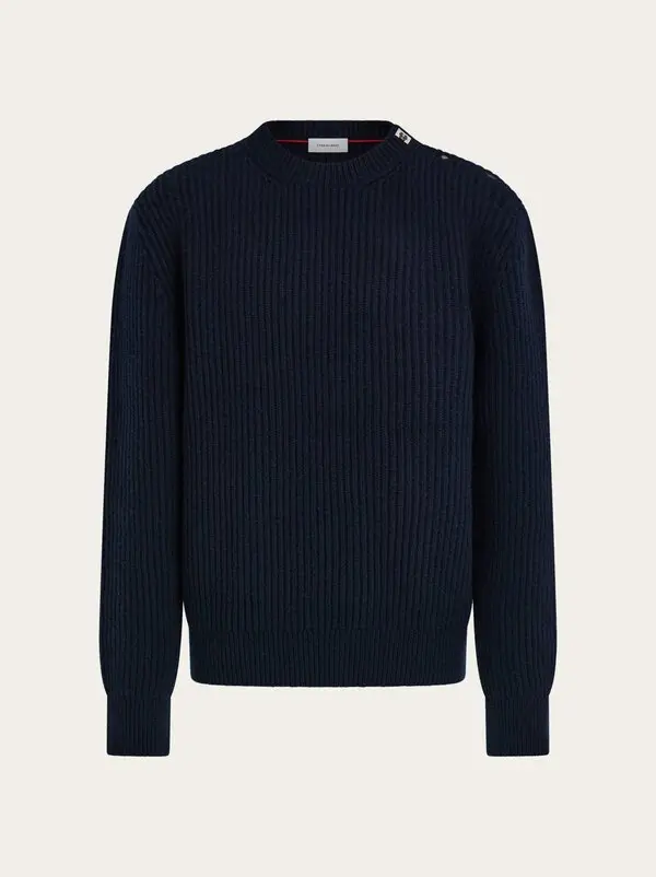 FERRAGAMO Rib Knit Crew Neck Sweater With Hug Buckle Detail