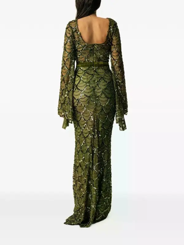 MIAU BY CLARA ROTESCU Sequin-embellished Bell-sleeve Maxi Dress - Green