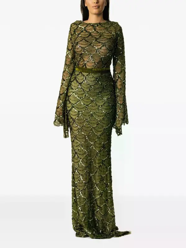 MIAU BY CLARA ROTESCU Sequin-embellished Bell-sleeve Maxi Dress - Green