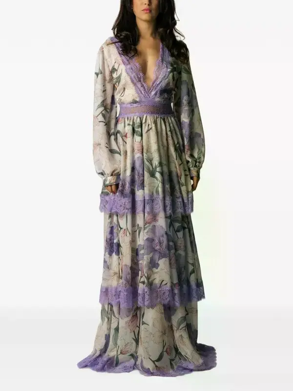 MIAU BY CLARA ROTESCU Elysia Lace-trimmed Floral-print Maxi Dress - Neutrals