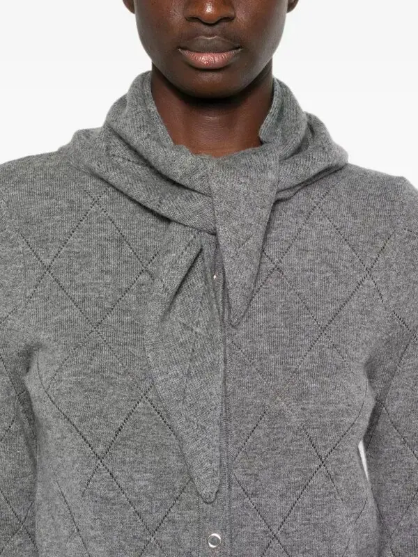 Sandro Argyle-knit Scarf-detail Wool Cardigan