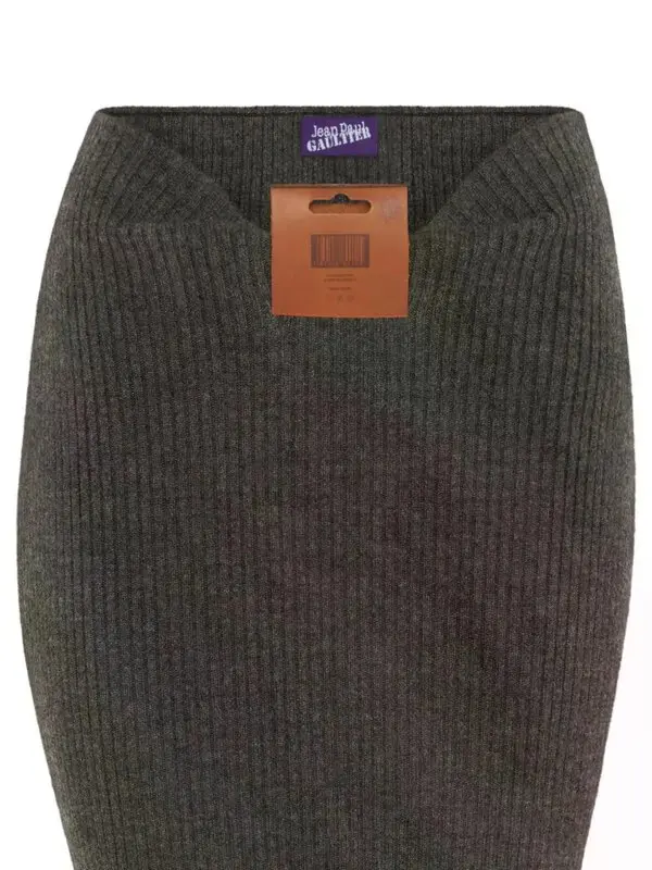JEAN PAUL GAULTIER Mix Wool Rib 2x2 Midi Skirt With Leather Tag Details - Grey