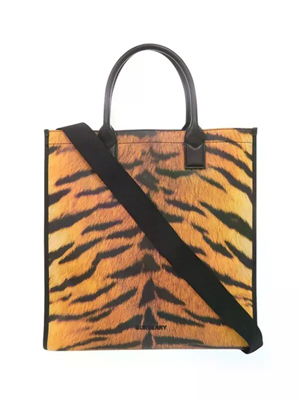 Burberry 2012-2026 Tiger Printed Coated Canvas Slim Denny Vertical Tote Satchel - Black