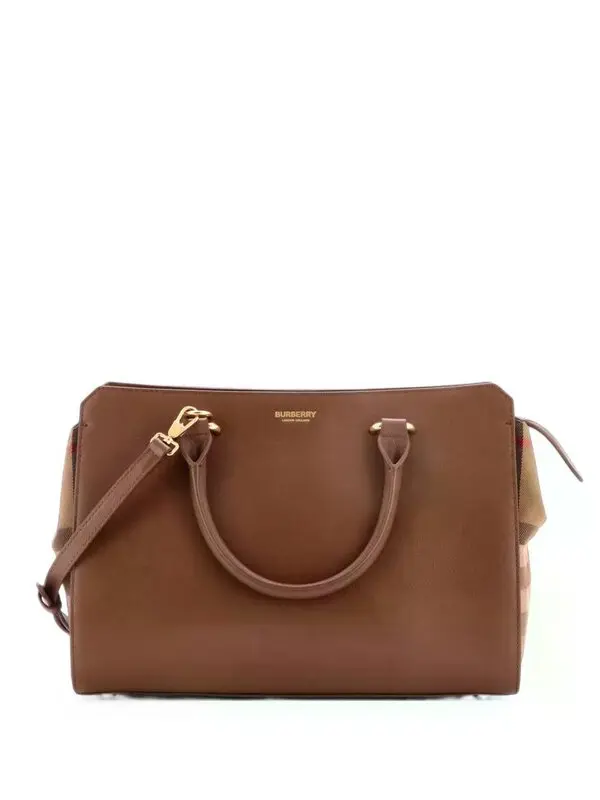 Burberry Banwell Leather And House Check Canvas Small Tote Bag - Brown