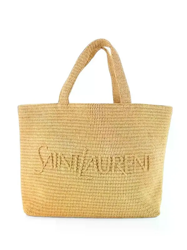 Saint Laurent Logo Supple Embroidered Raffia Tote Bag - Neutrals