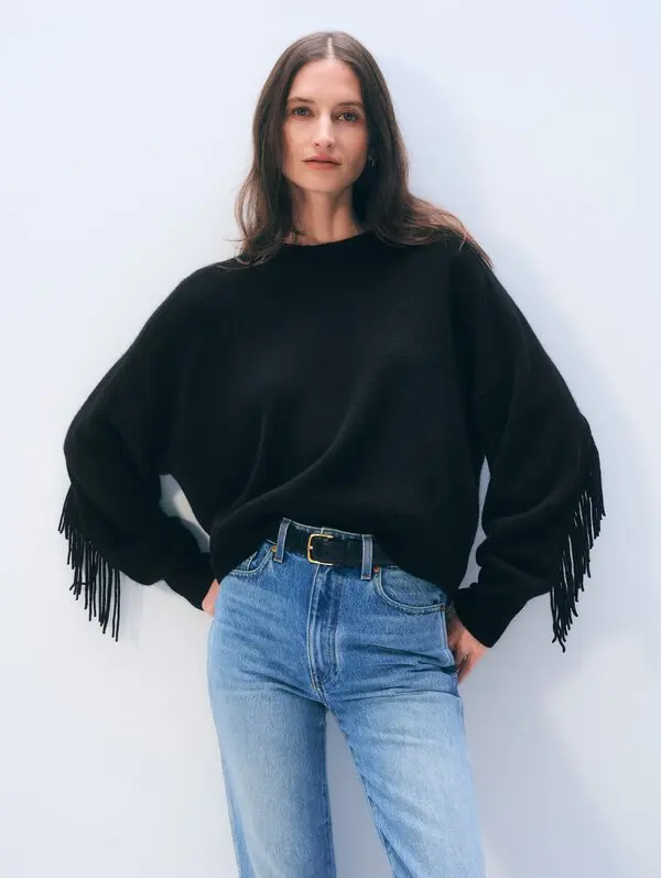 WHITE & WARREN Cashmere Blend Luxe Fringe Crewneck Top - Black