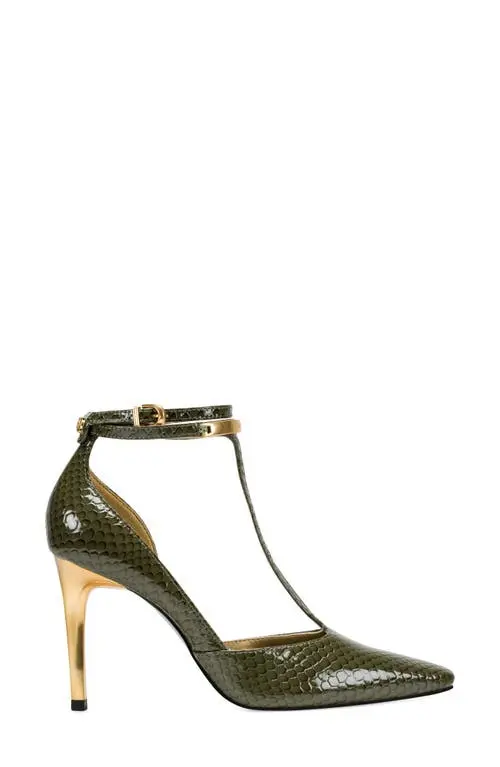 Donna Karan New York Samuel Snakeskin Embossed T-strap Pump - Olive