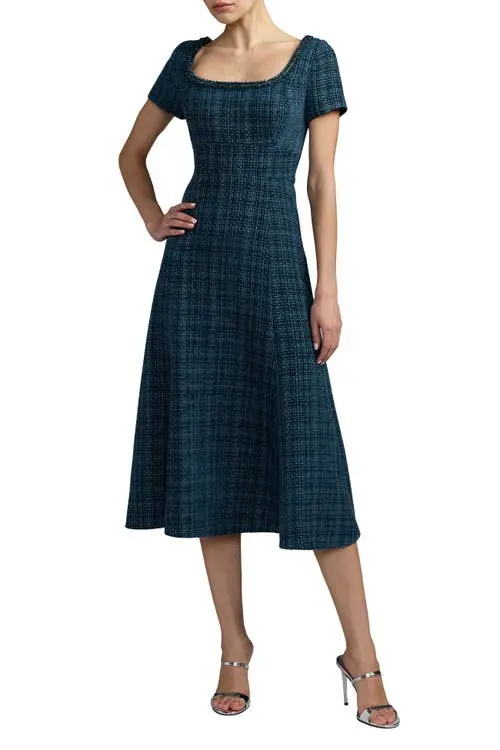 Mac Duggal Petite Embellished Bouclé Short Sleeve Midi Dress - Teal