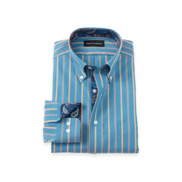 PAUL FREDRICK Cotton Buttondown Collar Pinpoint Slim Contrast Trim Button Cuff Long Sleeve Shirt - Blue/orange