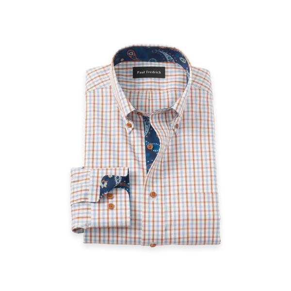 PAUL FREDRICK Cotton Buttondown Collar Pinpoint Slim Contrast Trim Button Cuff Long Sleeve Shirt - Blue/rust