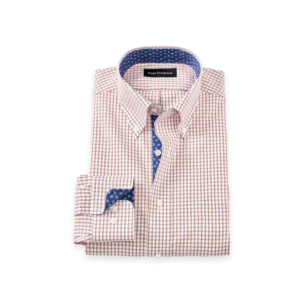 PAUL FREDRICK Cotton Buttondown Collar Pinpoint Slim Contrast Trim Button Cuff Long Sleeve Shirt - White/orange