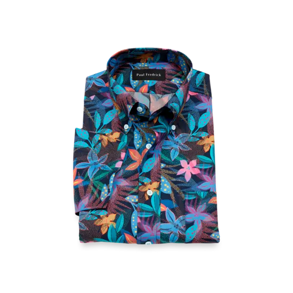 PAUL FREDRICK Cotton Buttondown Collar Poplin Slim Hemmed Sleeve Short Sleeve Shirt - Blue Multi