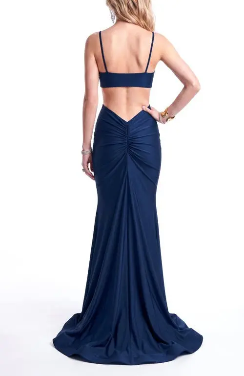 JESSICA ANGEL Cutout Ruched Mermaid Evening Gown - Navy