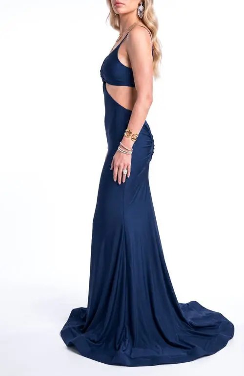 JESSICA ANGEL Cutout Ruched Mermaid Evening Gown - Navy