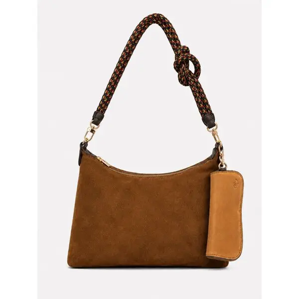 MINE BILGI Solara Suede Leather Shoulder Bag With Knot Handle & Charm - Camel-brown