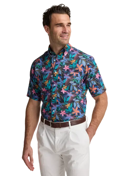 PAUL FREDRICK Cotton Buttondown Collar Poplin Tailored Hemmed Sleeve Short Sleeve Shirt