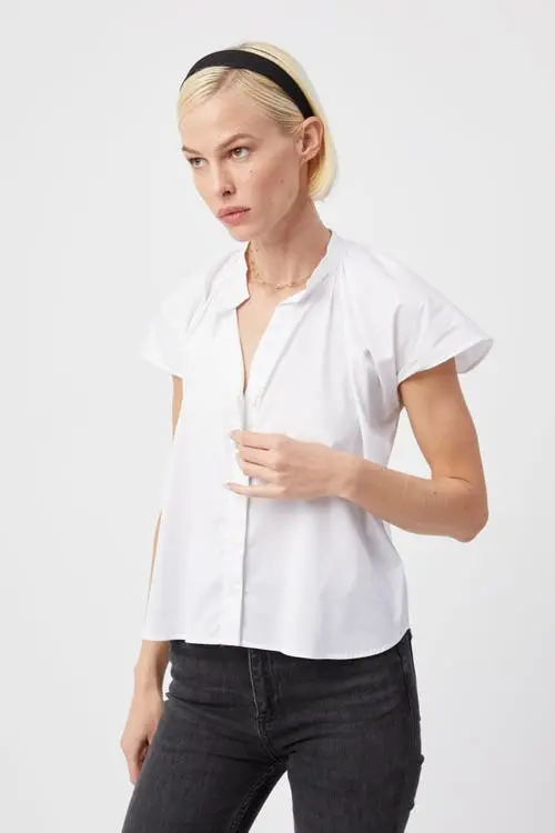 The Shirt By Rochelle Behrens The Flutter Shoulder Short Sleeve Shirt