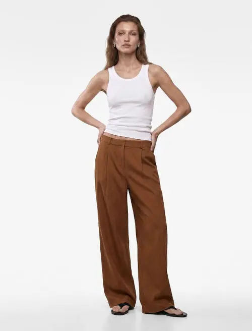 Koton Linen Blend Pleated Tailored Wide Leg Pants