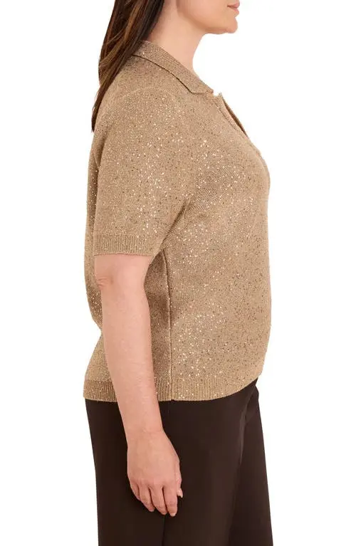NIC+ZOE Anytime Sequin Polo Sweater - Chinchilla