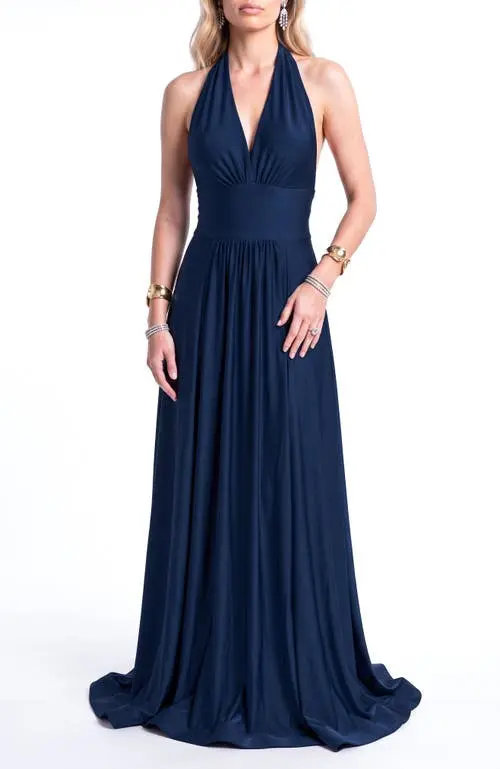 JESSICA ANGEL Halter Tie-back A-line Evening Gown - Navy