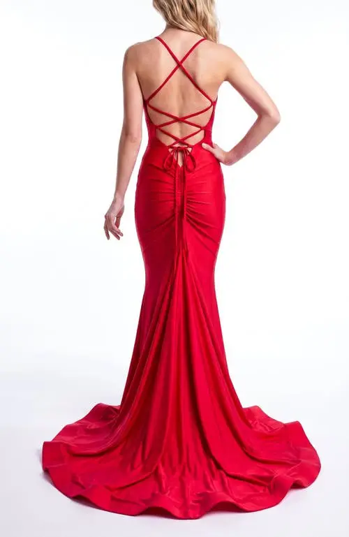 JESSICA ANGEL Cutout Lace-up Back Mermaid Evening Gown - Red