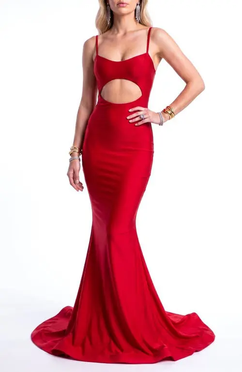JESSICA ANGEL Cutout Lace-up Back Mermaid Evening Gown - Red