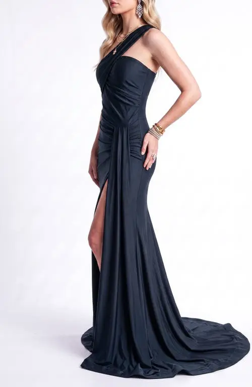 JESSICA ANGEL One-shoulder Ruched Side-slit Mermaid Evening Gown - Black