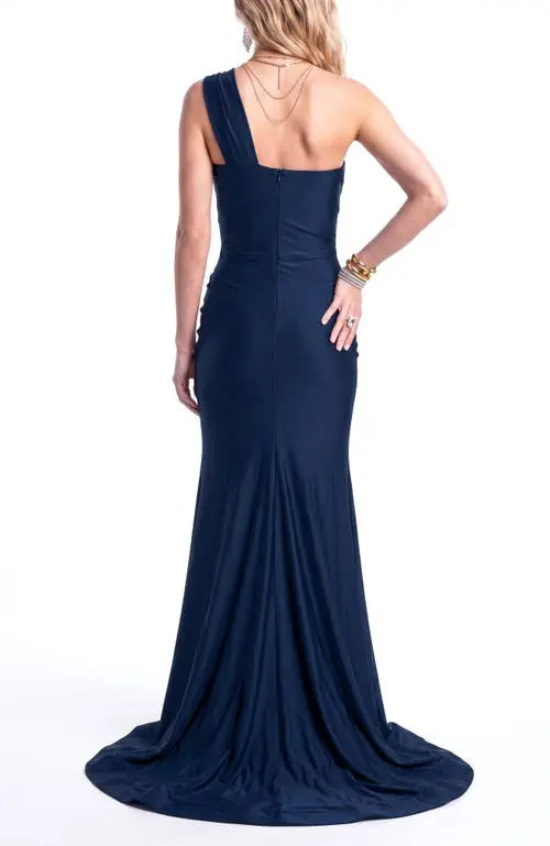 JESSICA ANGEL One-shoulder Ruched Side-slit Mermaid Evening Gown - Navy