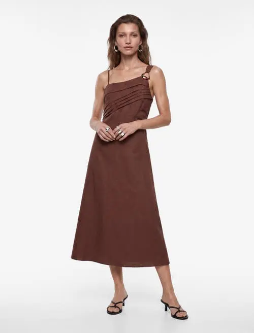 Koton Linen Blend Asymmetric Pleated One-shoulder Midi Dress