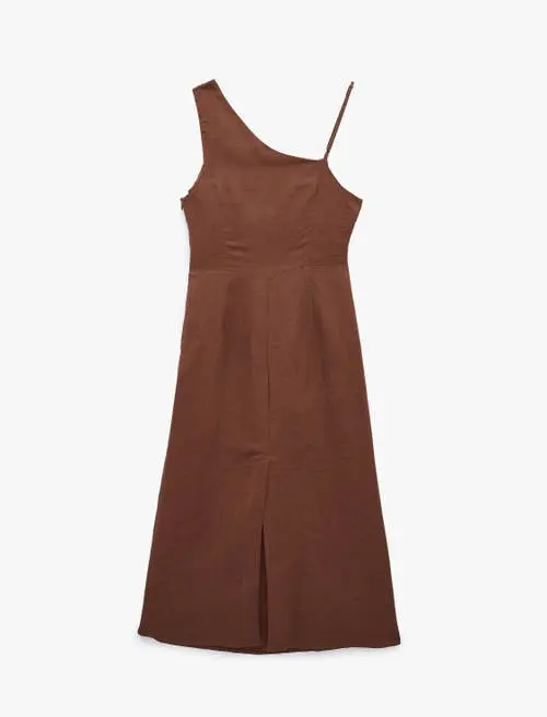 Koton Linen Blend Asymmetric Pleated One-shoulder Midi Dress
