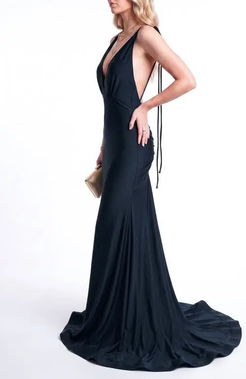 JESSICA ANGEL Plunging V-neck Tie-strap Mermaid Evening Gown - Black