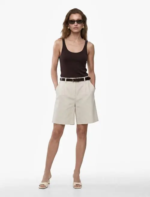 Koton Linen Blend Pleated Mid-rise Tailored Shorts With Belt