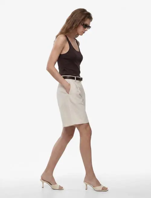 Koton Linen Blend Pleated Mid-rise Tailored Shorts With Belt