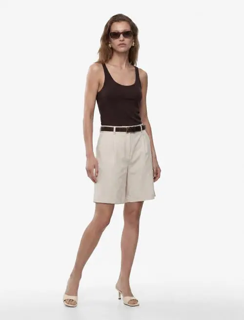 Koton Linen Blend Pleated Mid-rise Tailored Shorts With Belt