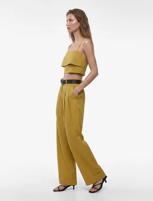 Koton High Rise Belted Straight Fit Linen Blend Tailored Pants
