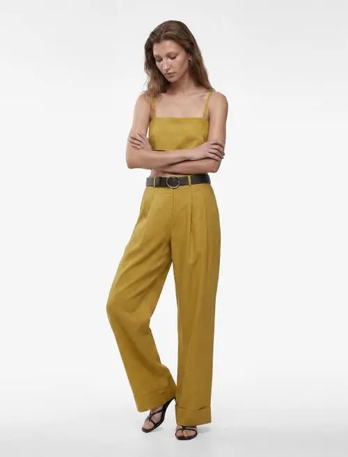 Koton High Rise Belted Straight Fit Linen Blend Tailored Pants