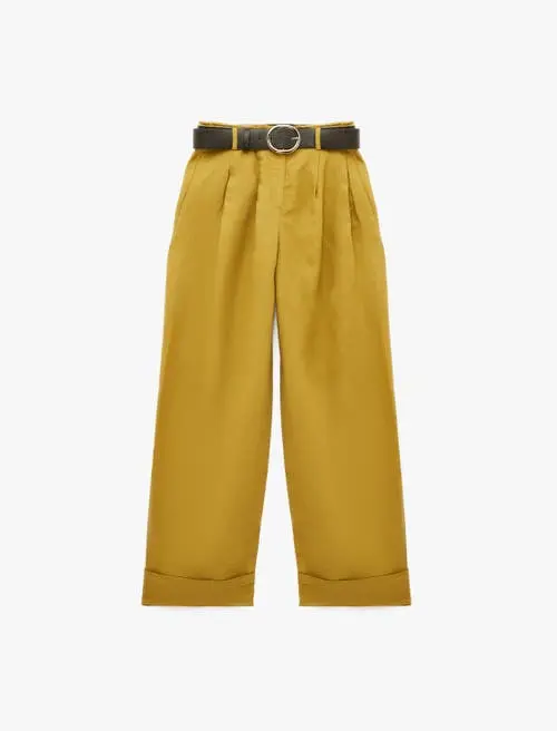 Koton High Rise Belted Straight Fit Linen Blend Tailored Pants