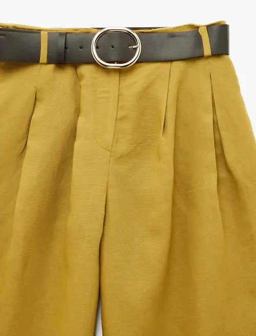 Koton High Rise Belted Straight Fit Linen Blend Tailored Pants