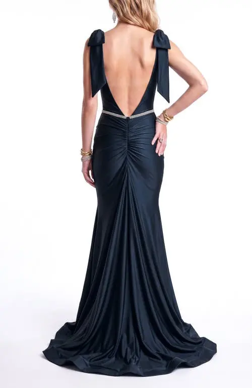 JESSICA ANGEL Bow Shoulder Plunge Mermaid Evening Gown - Black