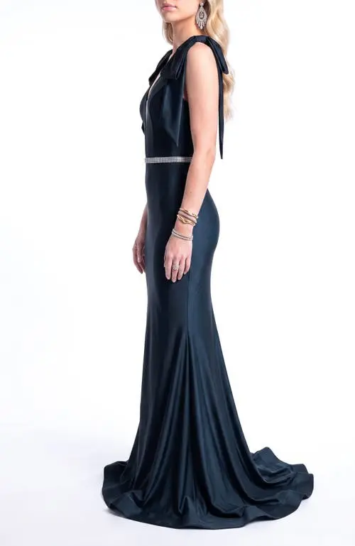 JESSICA ANGEL Bow Shoulder Plunge Mermaid Evening Gown - Black