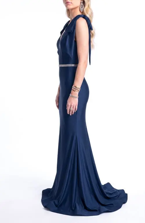 JESSICA ANGEL Bow Shoulder Plunge Mermaid Evening Gown