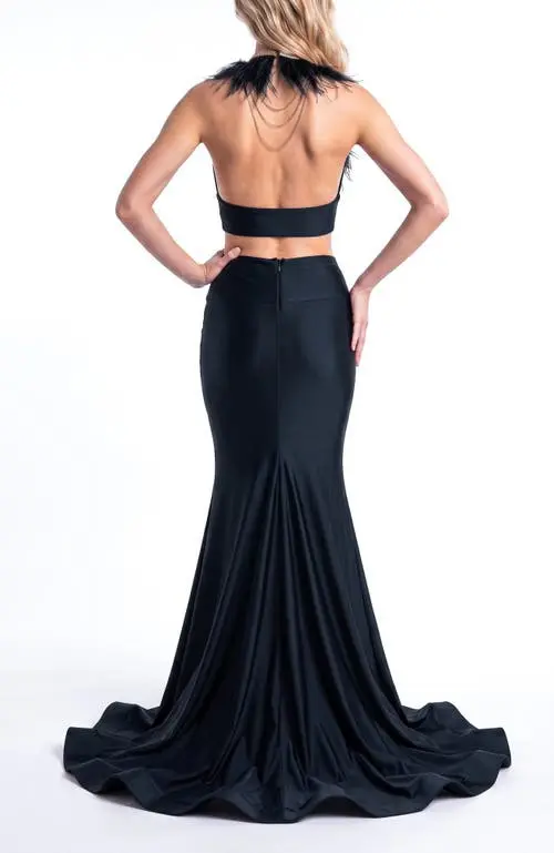 JESSICA ANGEL Feather-trim Two-piece Mermaid Evening Gown - Black