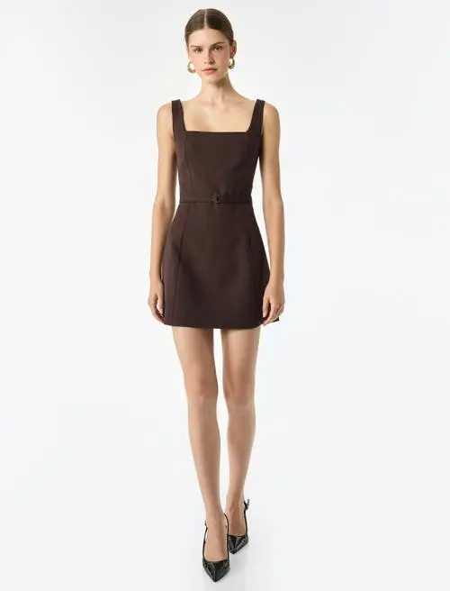 Koton Square Neck Sleeveless Belted Mini Dress