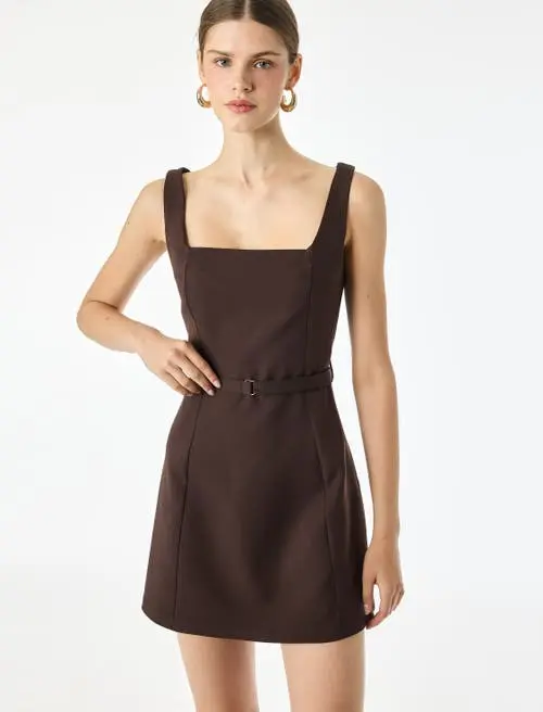 Koton Square Neck Sleeveless Belted Mini Dress