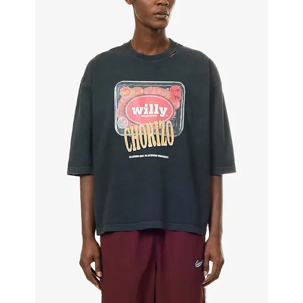 WILLY CHAVARRIA Especial Chorizo Distressed Graphic Cotton-jersey T-shirt - Pirate Black